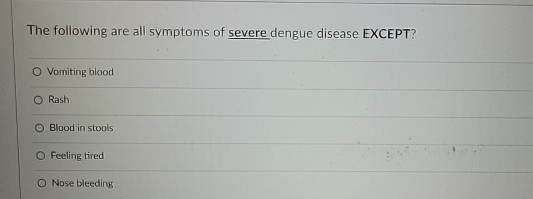 Solved The following are all symptoms of severe dengue | Chegg.com