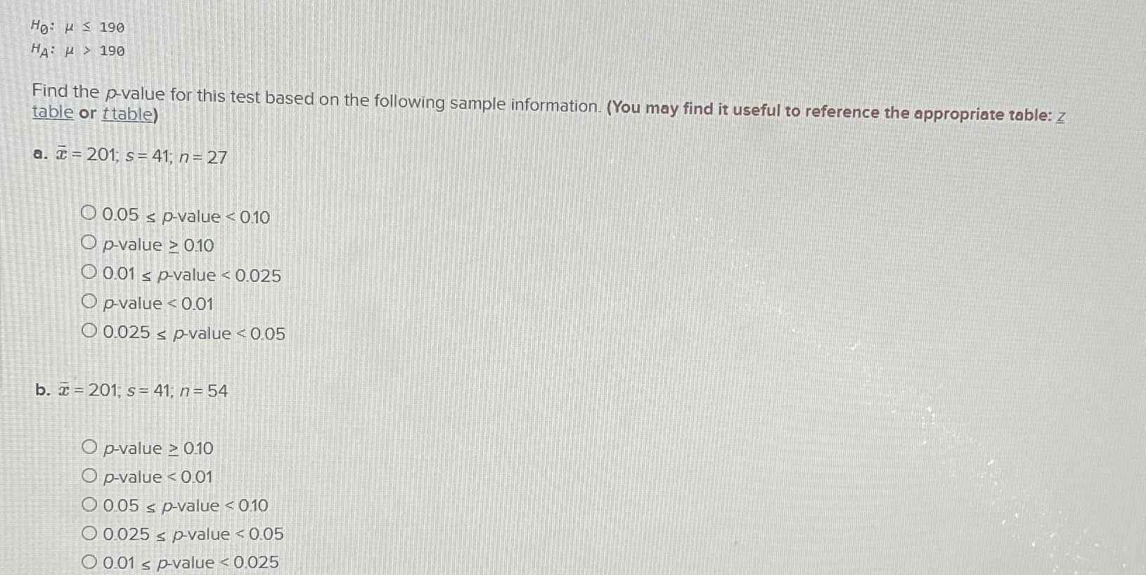 Solved H_(0):\\\\mu 190\\nFind the | Chegg.com