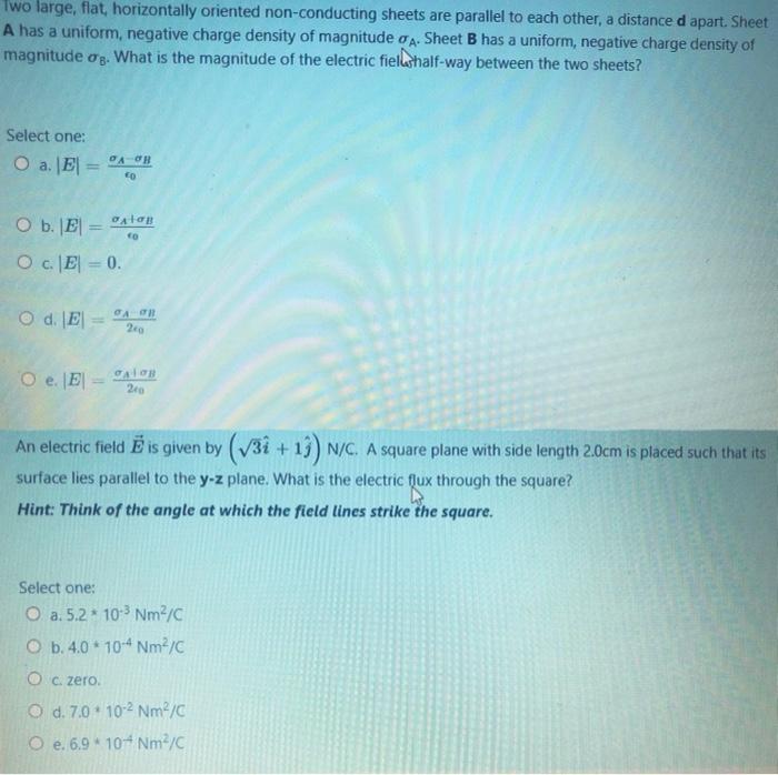 Solved Two large, flat, horizontally oriented non-conducting | Chegg.com