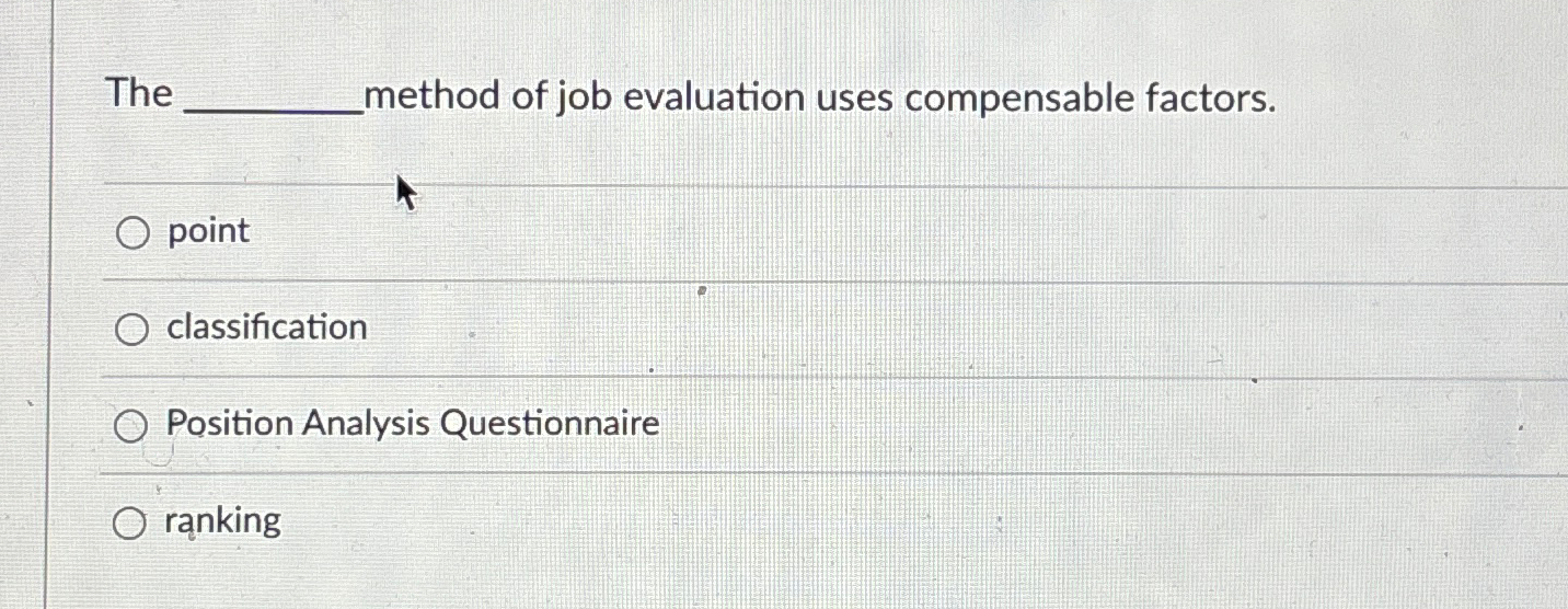 Solved The method of job evaluation uses compensable | Chegg.com