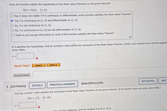 Solved Does the function satisfy the hypotheses of the Mean | Chegg.com
