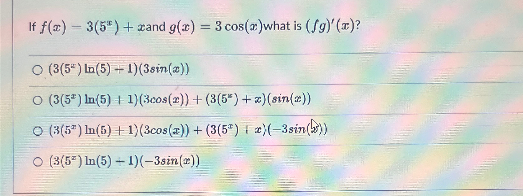Solved If f(x)=3(5x)+x ﻿and g(x)=3cos(x) ﻿what is | Chegg.com