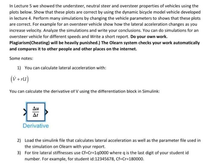In Lecture 5 we showed the understeer, neutral steer | Chegg.com