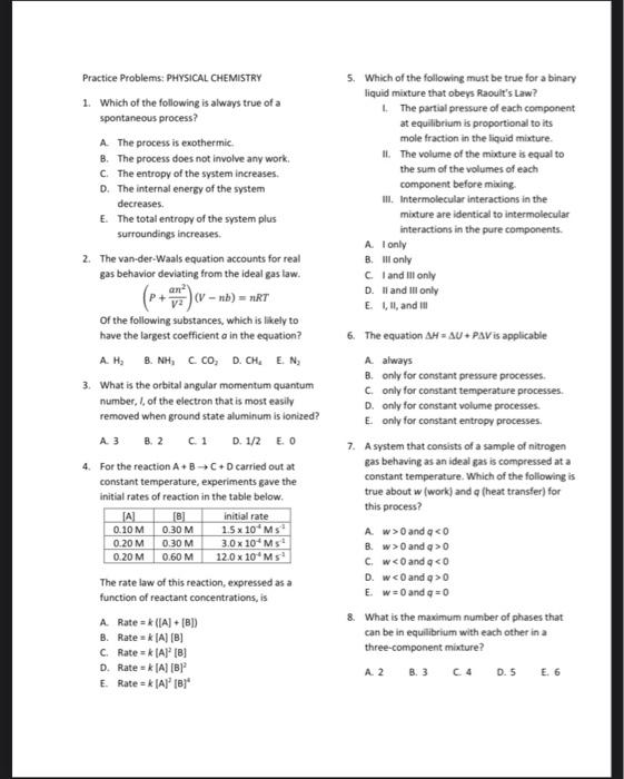 Solved Practice Problems: PHYSICAL CHEMISTRY 1. Which of the | Chegg.com