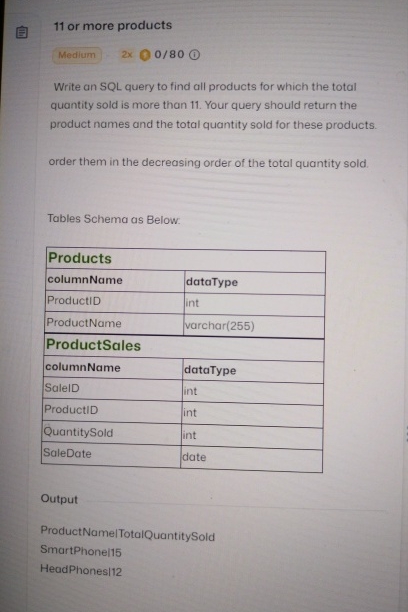 Solved 11 ﻿or more products2×0080Write an SQL query to find | Chegg.com