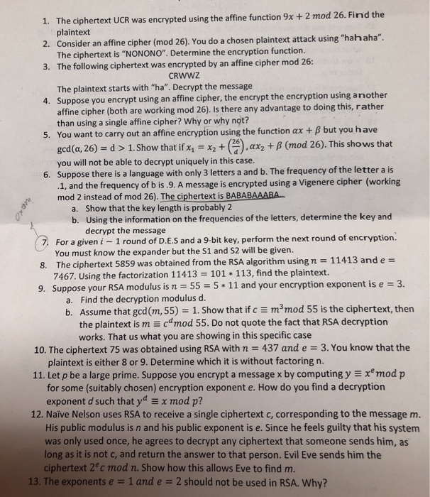 Solved 1. The ciphertext UCR was encrypted using the affine | Chegg.com