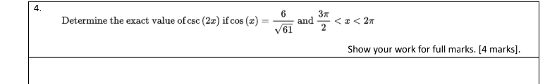 Solved Determine the exact value of csc(2x) ﻿if cos(x)=6612 | Chegg.com