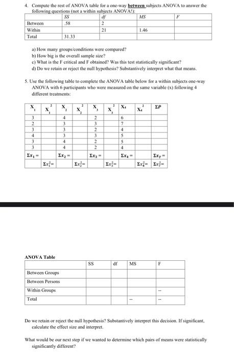 Solved 4. Compute the rest of ANOVA table for a one-way | Chegg.com