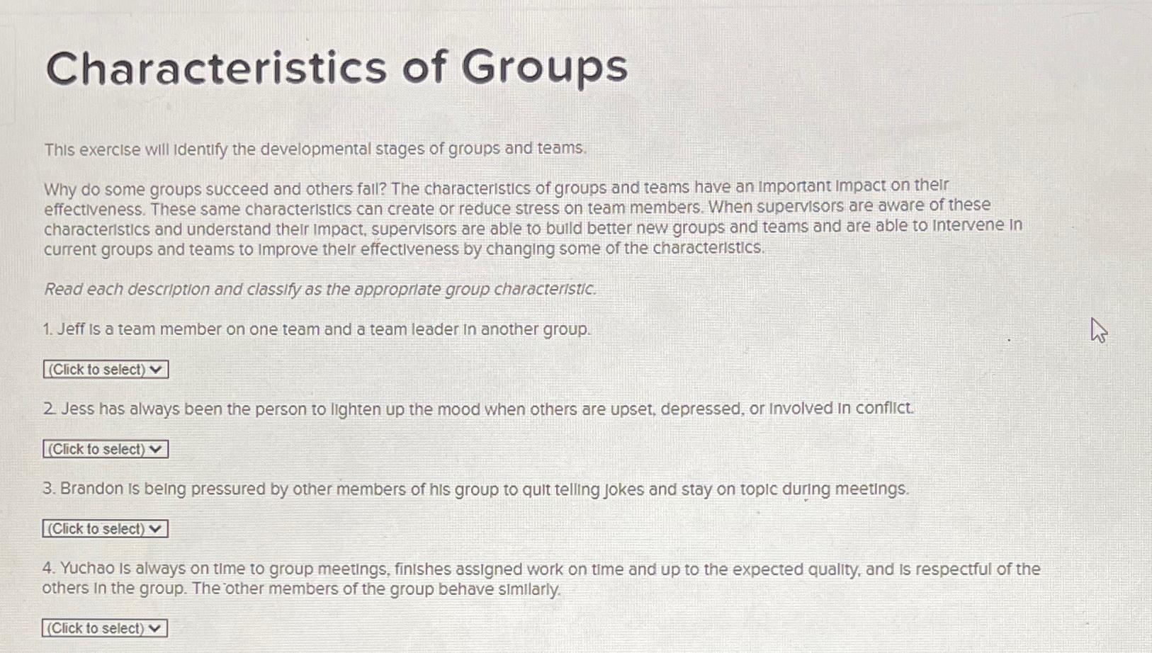 Solved Characteristics of GroupsThis exercise will identify | Chegg.com