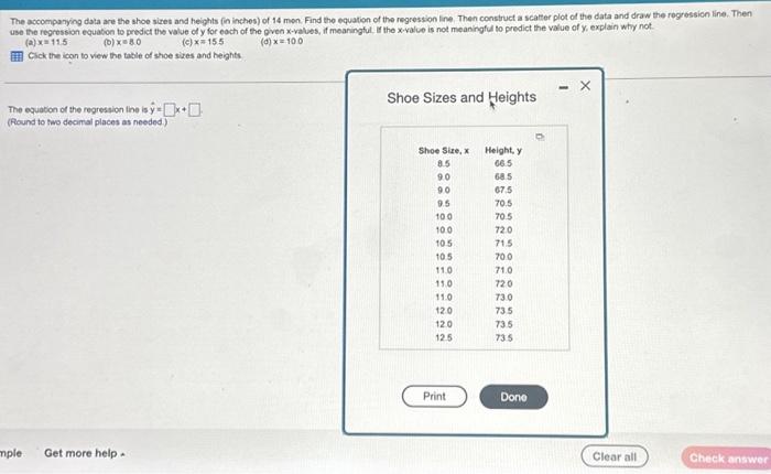 Solved The accompaning data are the shoe sizes and heights | Chegg.com
