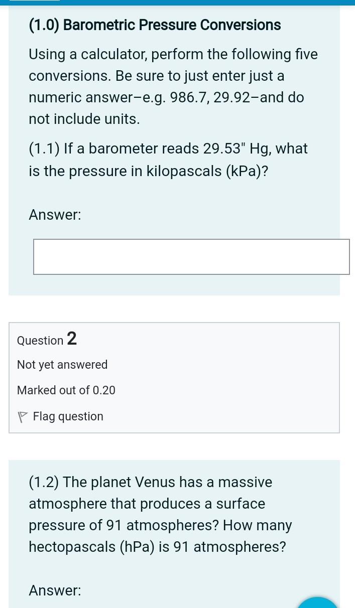 Solved (1.0) Barometric Pressure Conversions Using a | Chegg.com