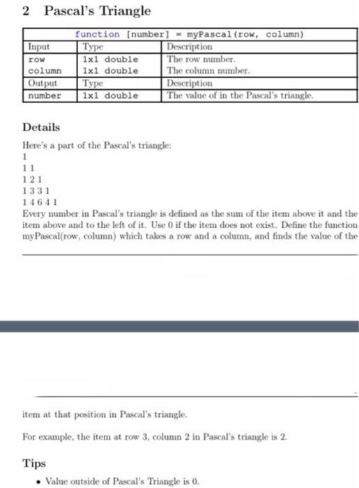 Solved 2 Pascal's Triangle Input row function (number) my | Chegg.com