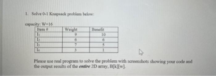 Solved 1. Solve 0-1 Knapsack problem below: capanitu w=16 | Chegg.com
