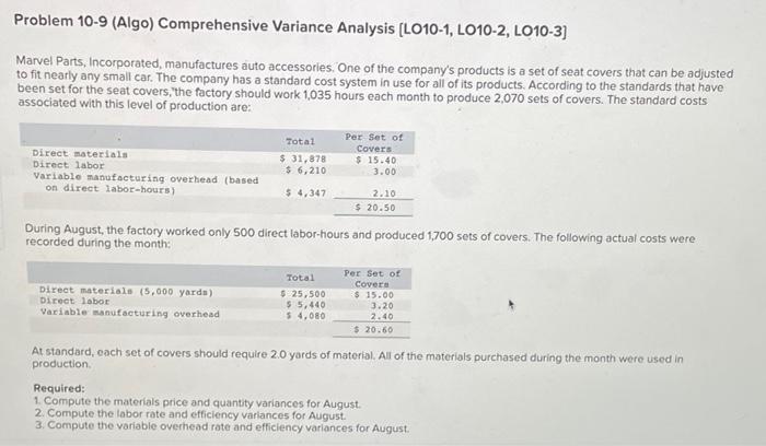 Solved Problem 10-9 (Algo) Comprehensive Variance Analysis | Chegg.com