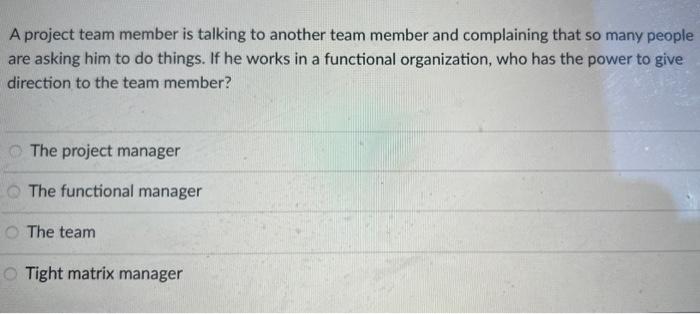 Solved A project team member is talking to another team | Chegg.com