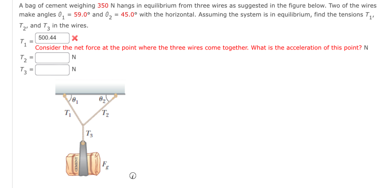 Solved A bag of cement weighing 350N ﻿hangs in equilibrium | Chegg.com