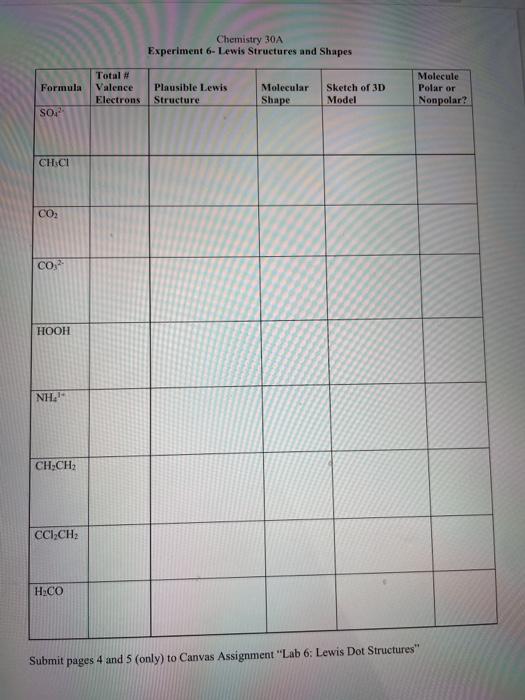 Solved Chemistry 30A Experiment 6-Lewis Structures and | Chegg.com