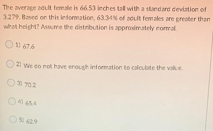 Solved The average adult female is 66.53 inches tall with a | Chegg.com