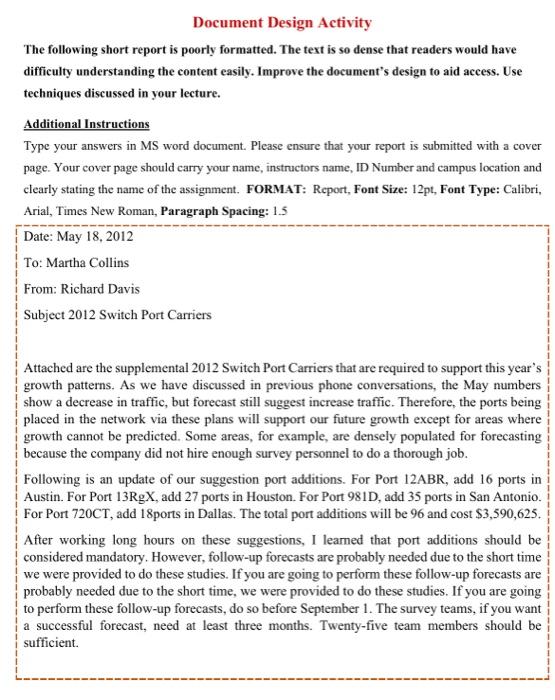 Solved Document Design Activity The following short report | Chegg.com