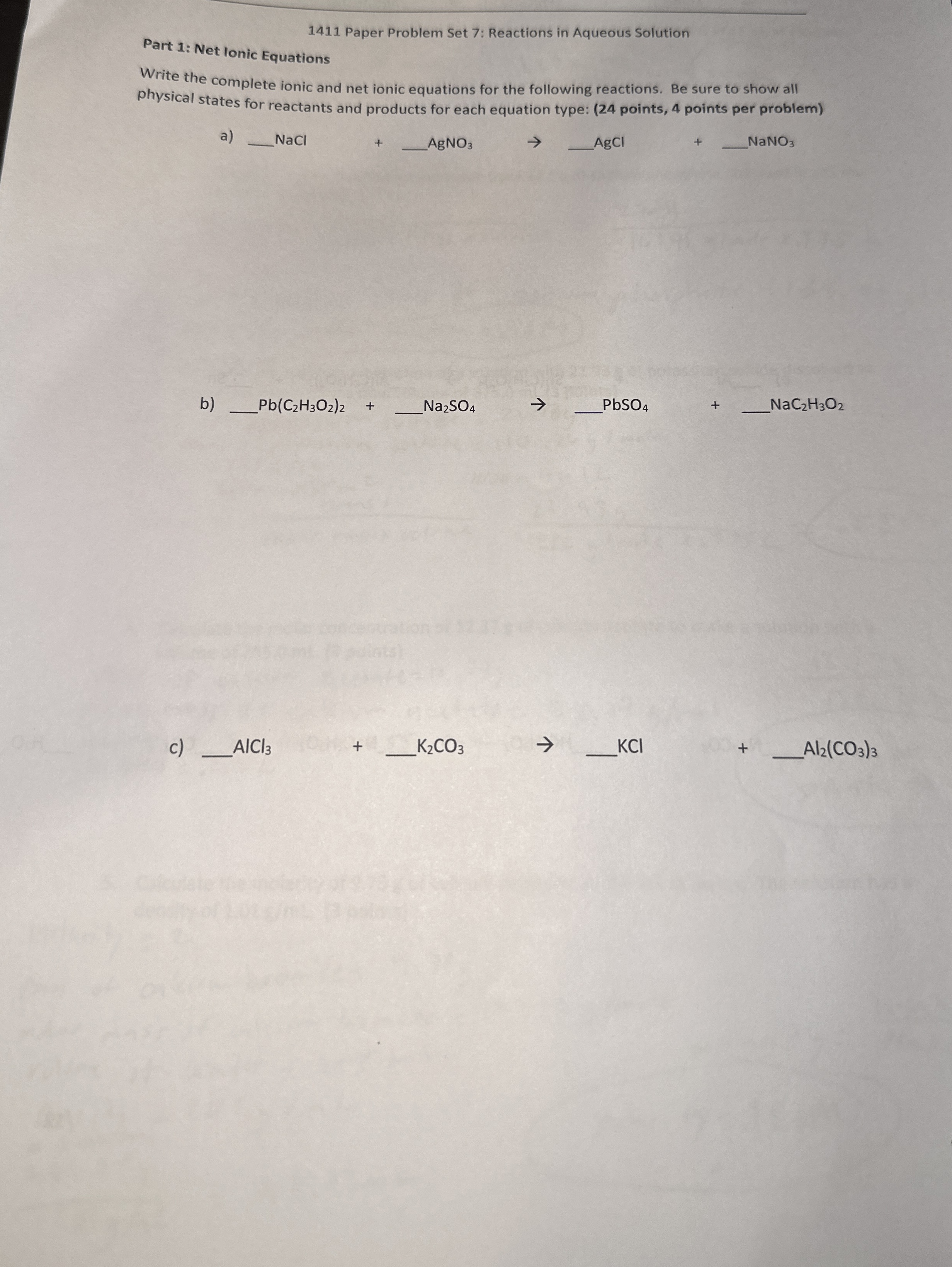 Solved 1411 ﻿Paper Problem Set 7: Reactions in Aqueous | Chegg.com