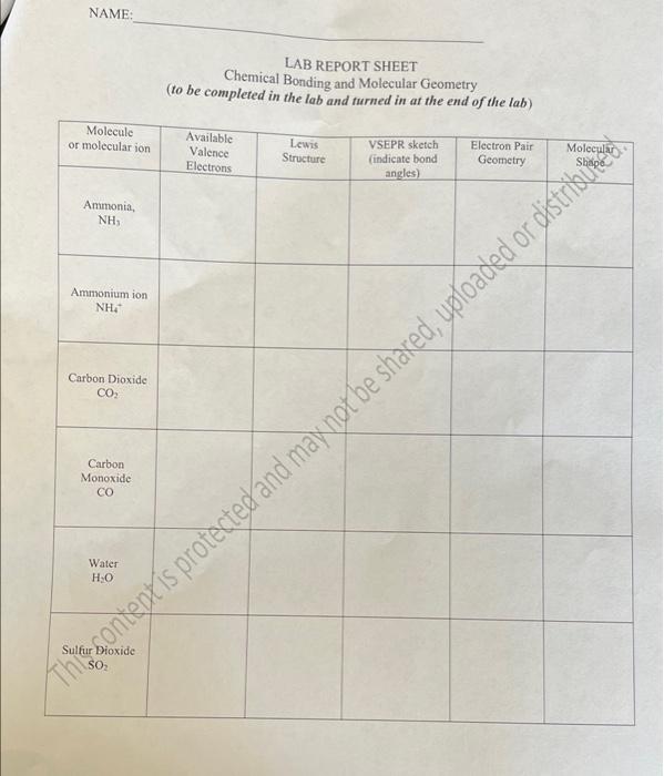 Solved NAME: LAB REPORT SHEET Chemical Bonding and Molecular | Chegg.com