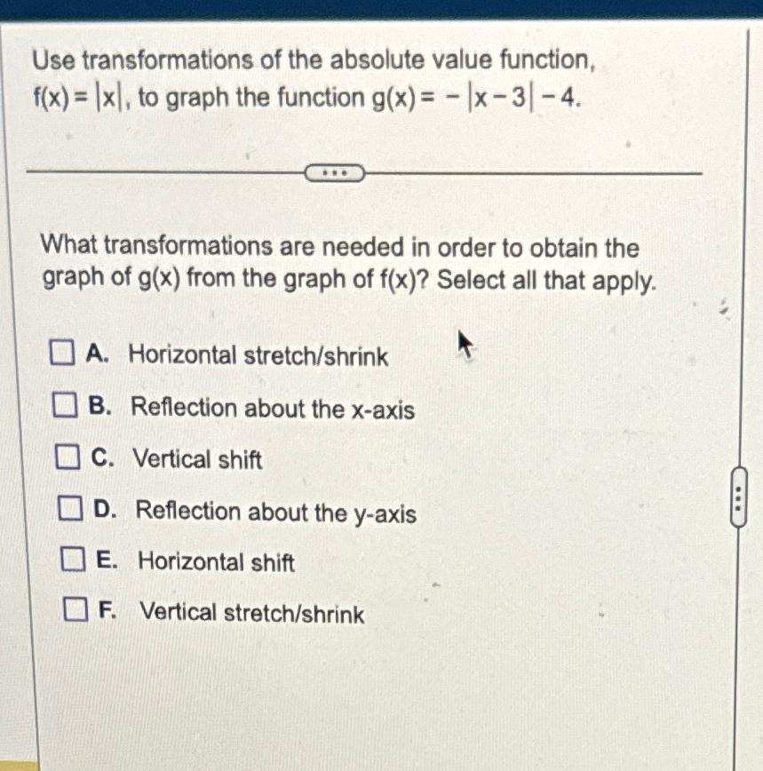 Solved Use transformations of the absolute value function, | Chegg.com