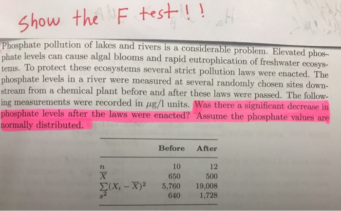 Solved show the F test !! Phosphate pollution of lakes and | Chegg.com