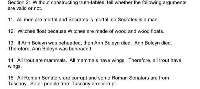 Section 2: Without constructing truth-tables, tell | Chegg.com
