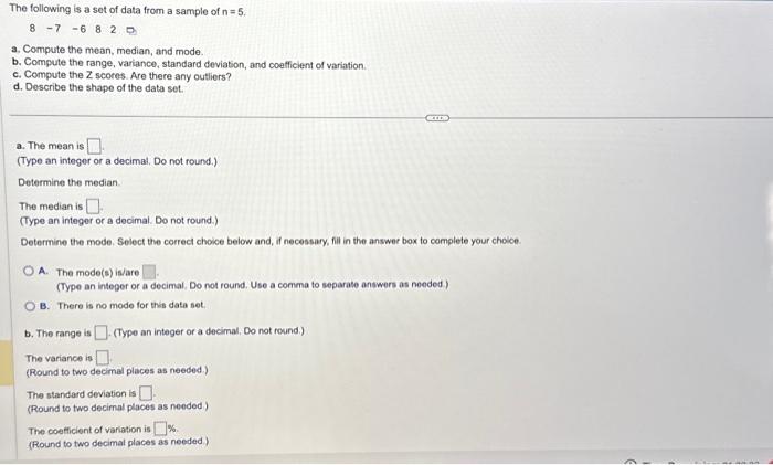 Solved The following is a set of data from a sample of n=5. | Chegg.com