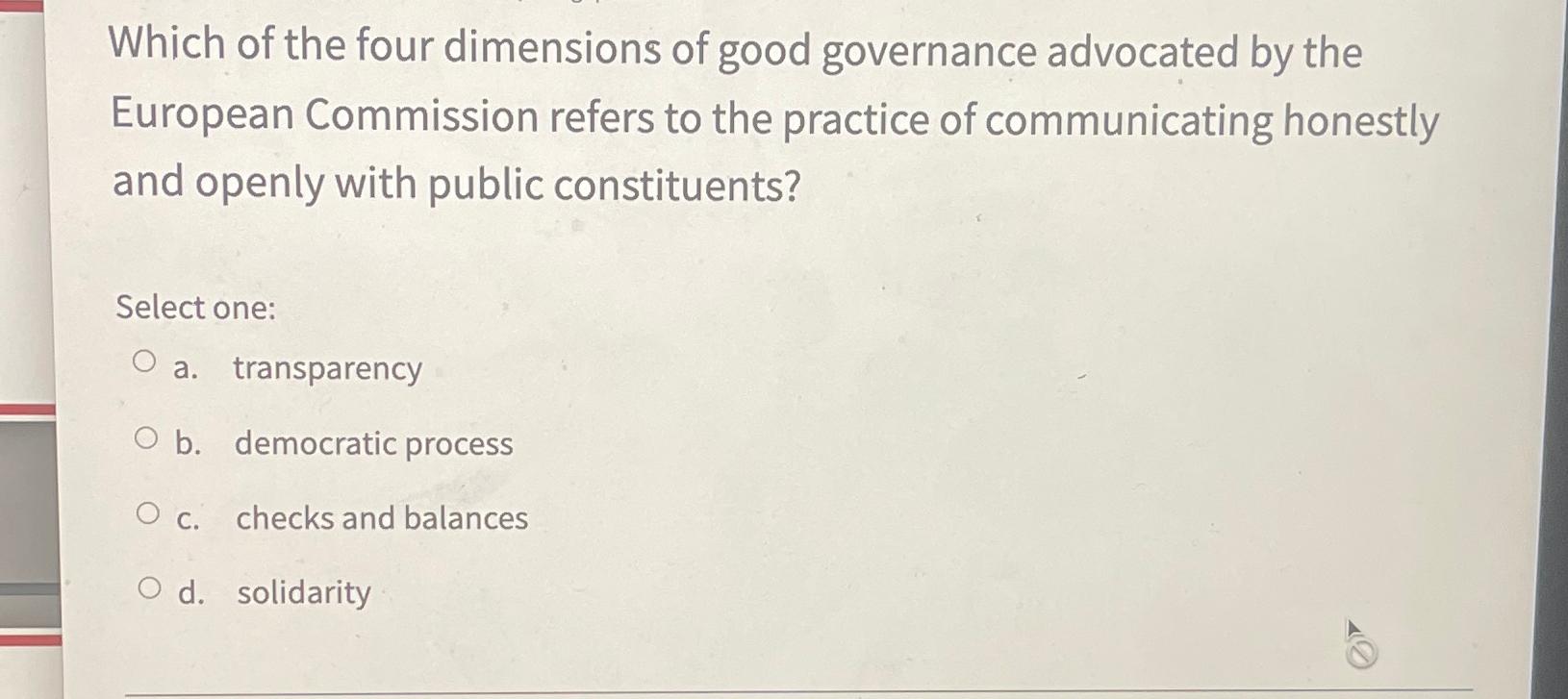 Solved Which of the four dimensions of good governance | Chegg.com