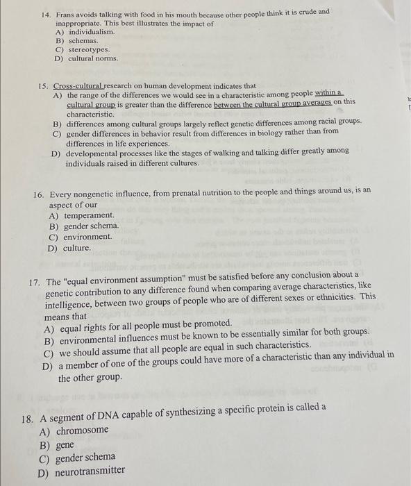 Solved 14. Frans avoids talking with food in his mouth | Chegg.com