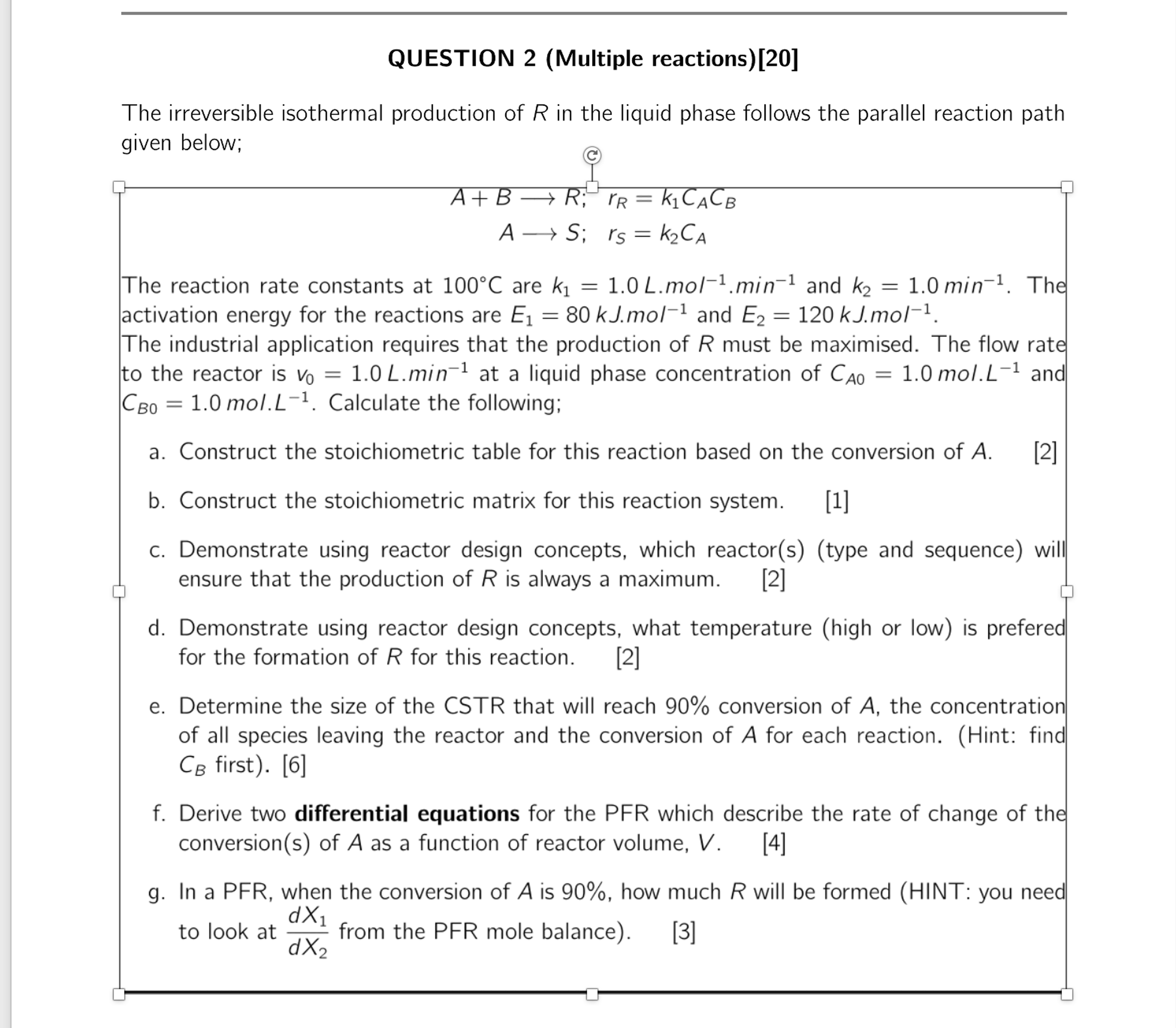 Solved Question 2 Multiple Reactions [20]the Irreversible