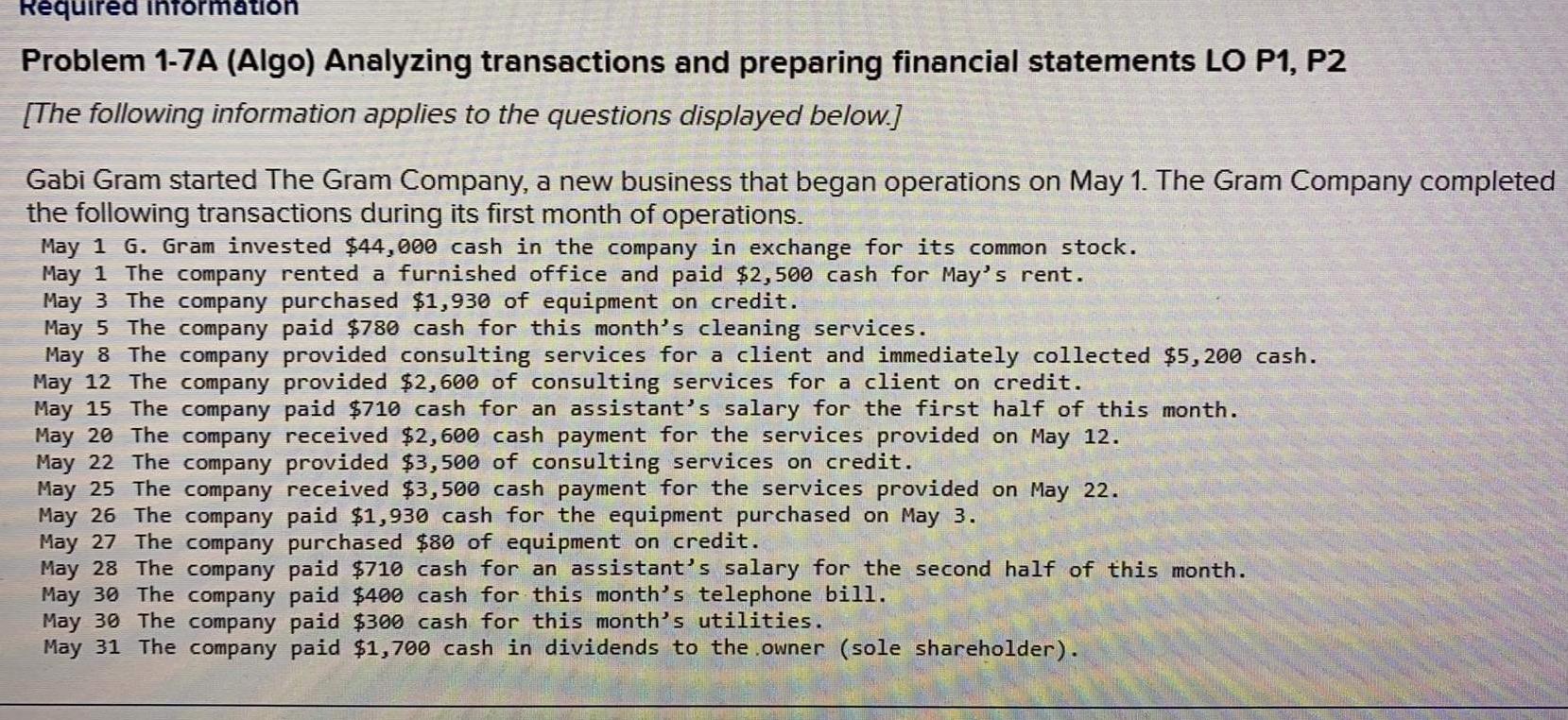 Solved Required information Problem 1-7A (Algo) Analyzing | Chegg.com