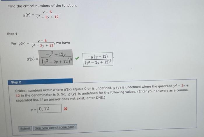 Solved Find the critical numbers of the function. Y-6 gly) | Chegg.com
