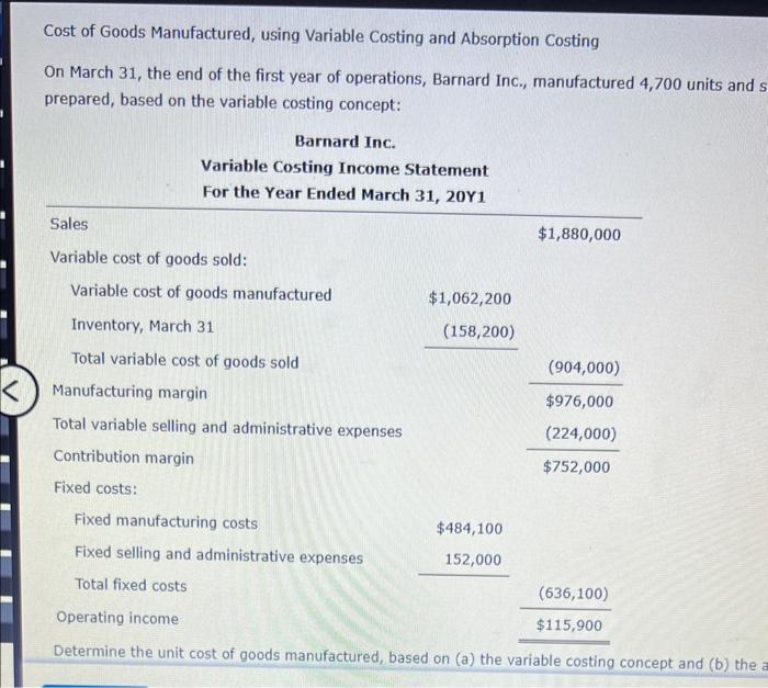 Solved Cost of Goods Manufactured, using Variable Costing | Chegg.com