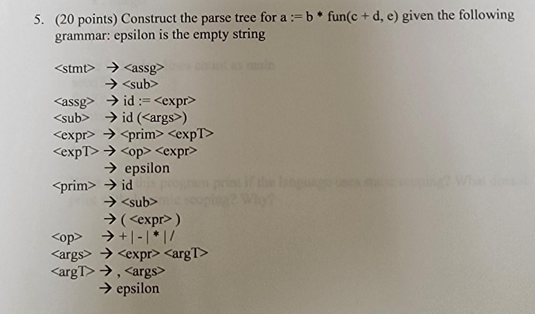 Solved 5. (20 points) Construct the parse tree for a := b * | Chegg.com