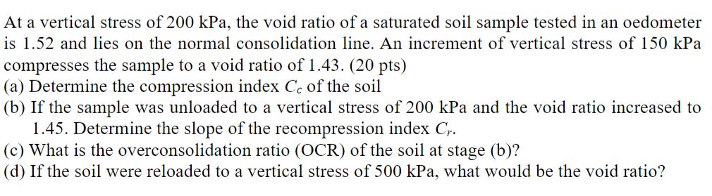 Solved At a vertical stress of 200kPa, the void ratio of a | Chegg.com