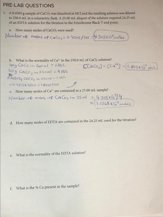 Solved PRE-LAB QUESTIONS 1. A 0.4505 g sample of CaCO, was | Chegg.com