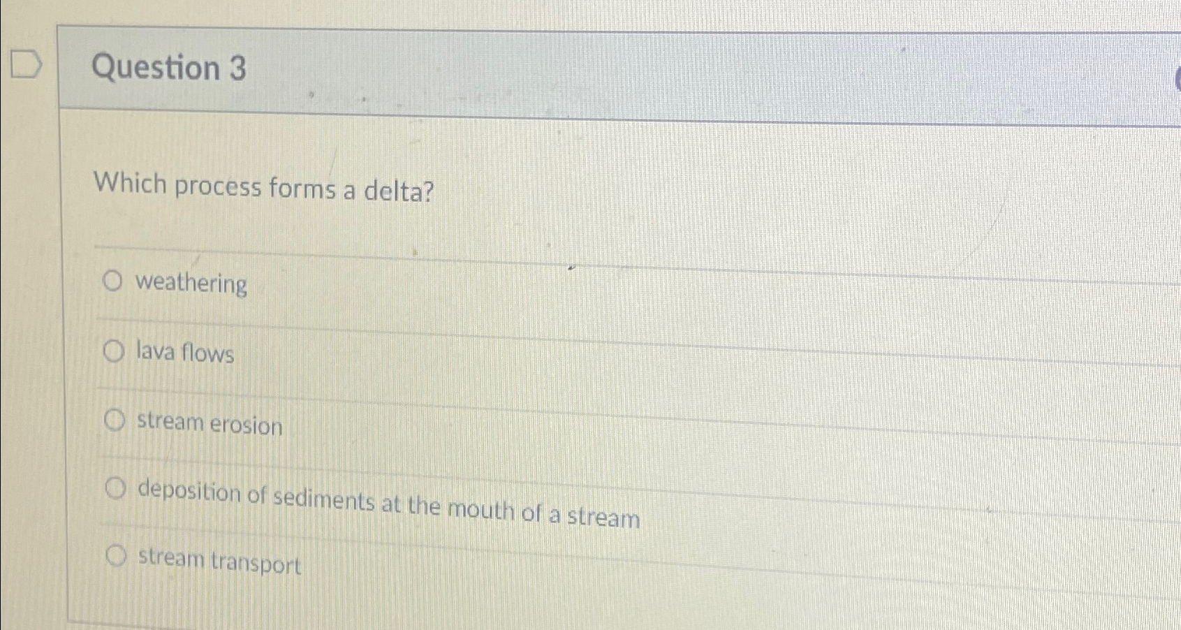Solved Question 3Which process forms a delta?weatheringlava | Chegg.com