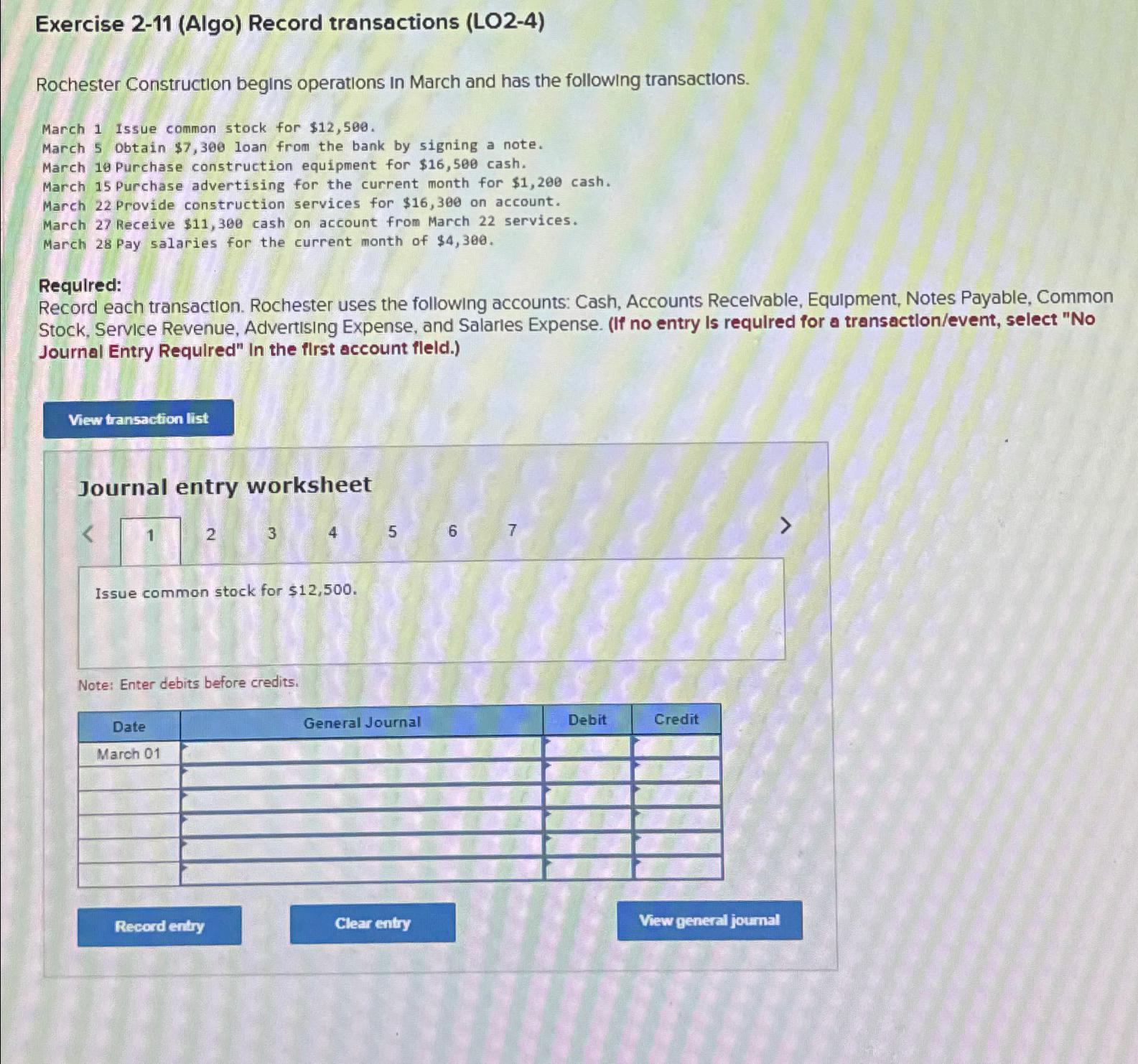 Solved Exercise 2-11 (Algo) ﻿Record transactions | Chegg.com