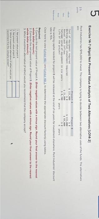 Solved Exercise 14-7 (Algo) Net Present Value Analysis of | Chegg.com