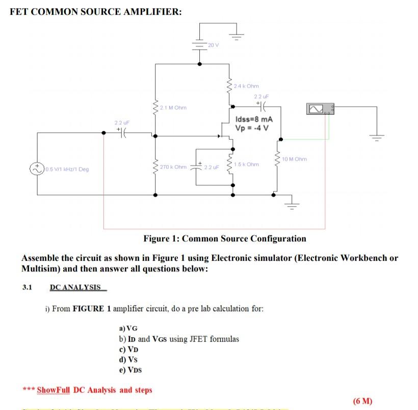 Solved FET COMMON SOURCE AMPLIFIER: 20 V 24 Ohm 2.2 ur 21 | Chegg.com