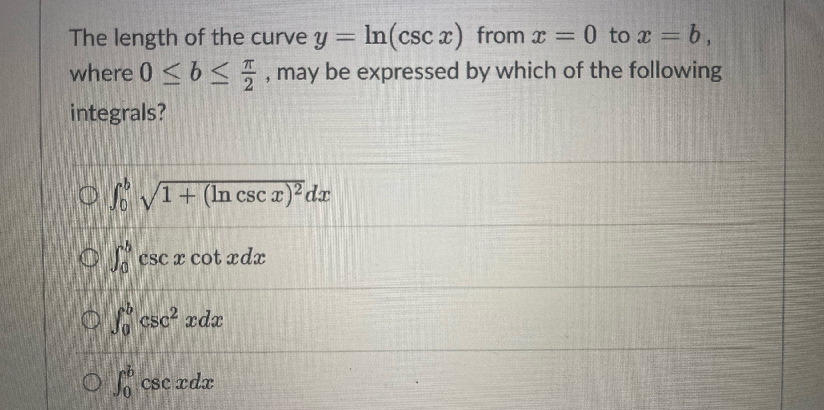 Solved The length of the curve y=ln(cscx) ﻿from x=0 ﻿to | Chegg.com