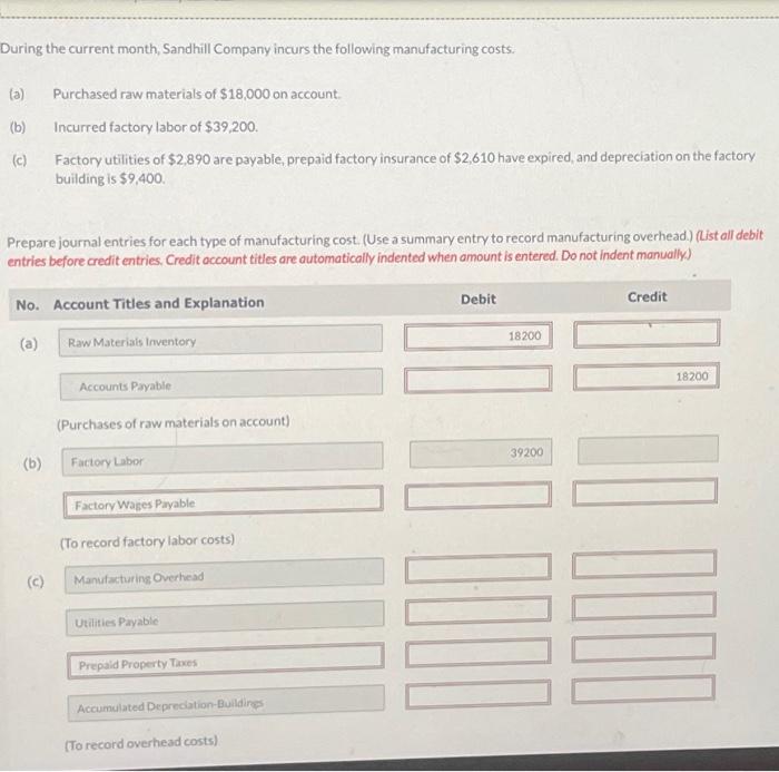 Solved During the current month, Sandhill Company incurs the | Chegg.com