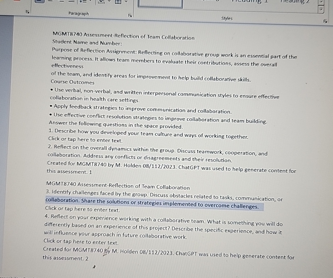 Solved MGMT8740 ﻿Assessment-Reflection of Team | Chegg.com