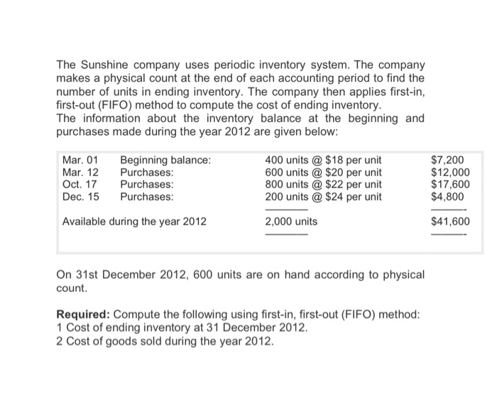 Solved The Sunshine company uses periodic inventory system. | Chegg.com