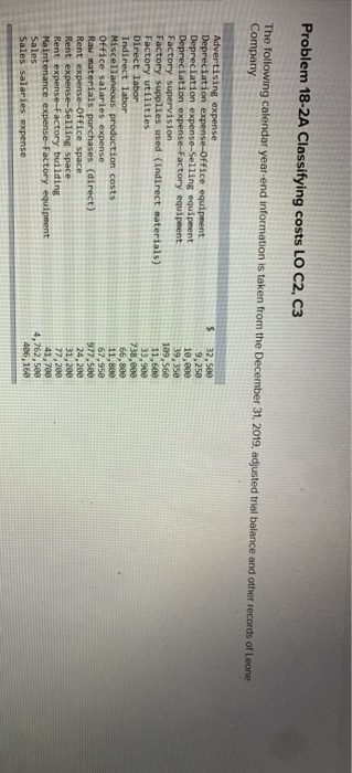 Solved Problem 18-2A Classifying costs LO C2, C3 The | Chegg.com