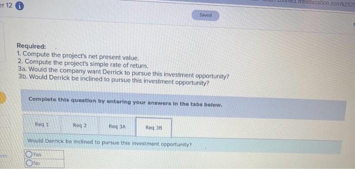 Solved Required: 1. Compute the project's net present value. | Chegg.com
