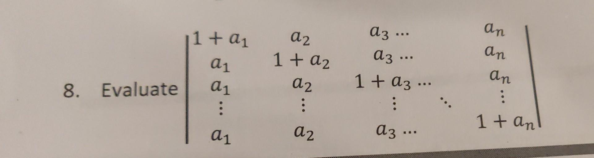 Solved ∣∣1+a1a1a1⋮a1a21+a2a2⋮a2a3…a3…1+a3⋯⋮a3⋯an⋱anan⋮1+an∣∣ | Chegg.com