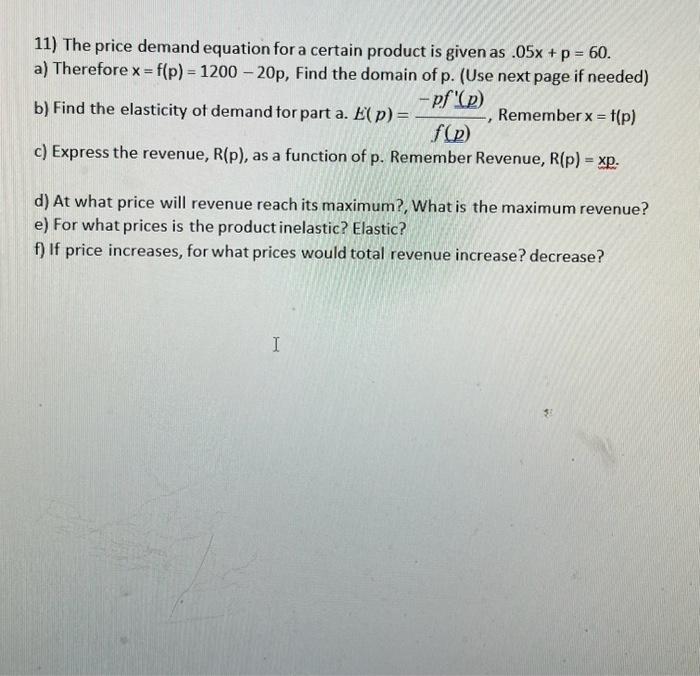 Solved 11) The price demand equation for a certain product | Chegg.com